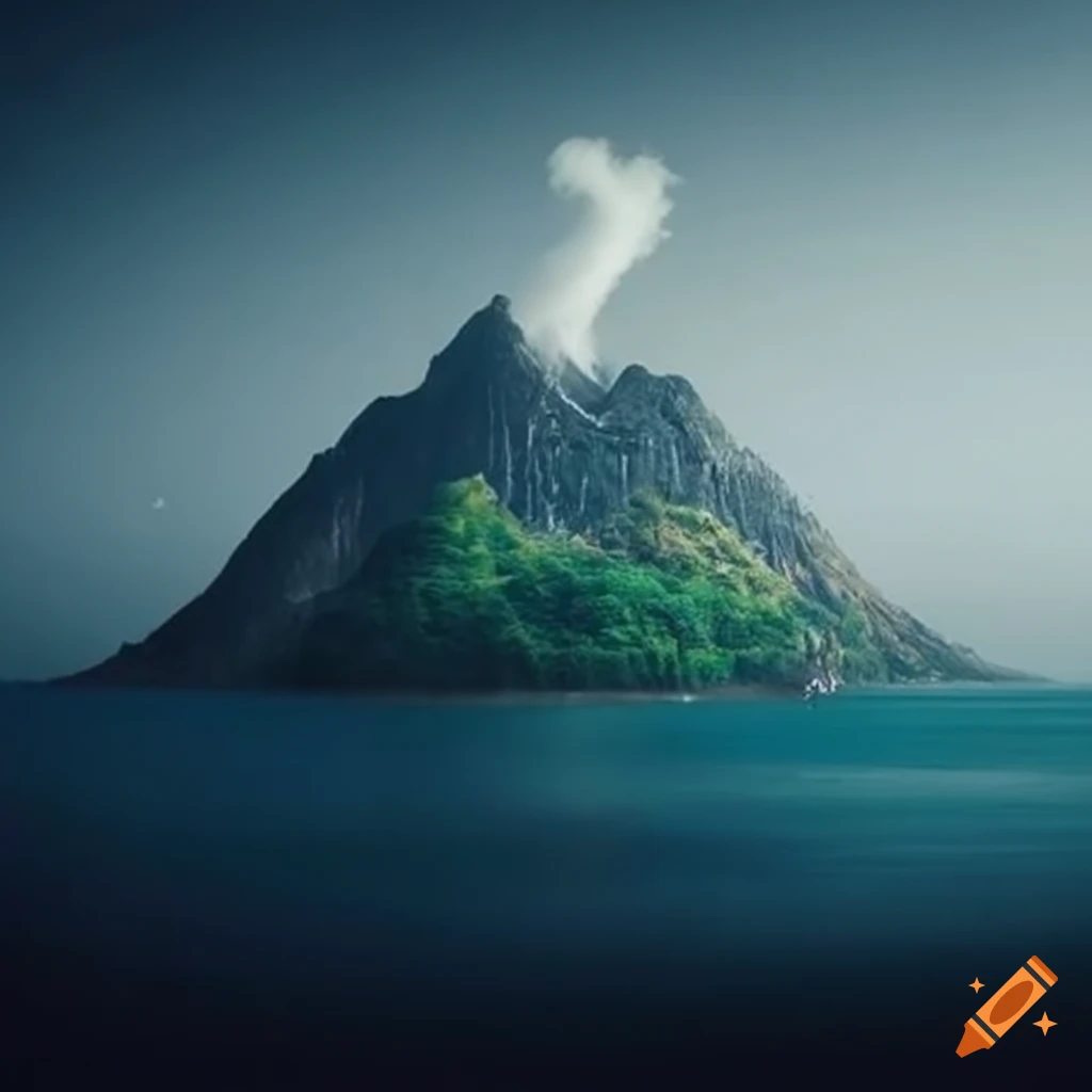 Mysterious island with forests and a lone smoke-covered mountain on Craiyon