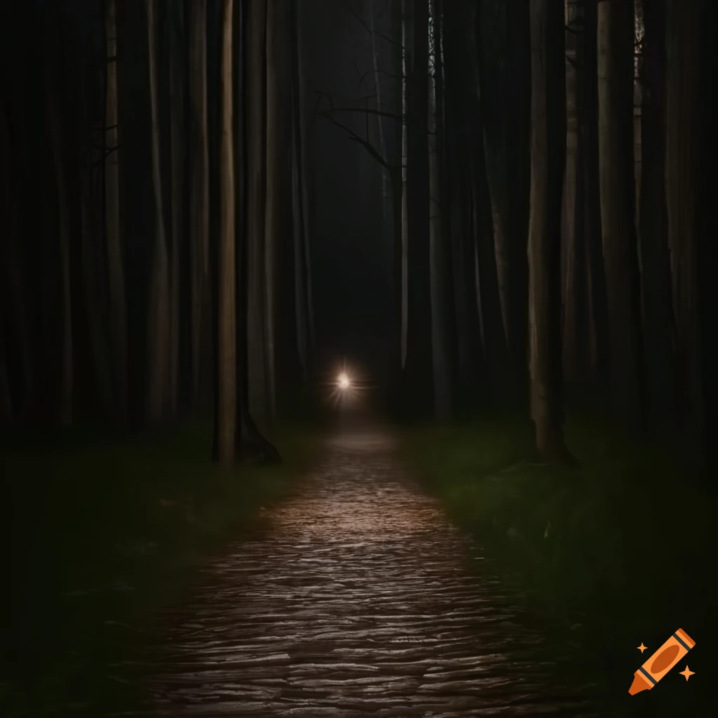 Crossed paths in a dark forest at night on Craiyon