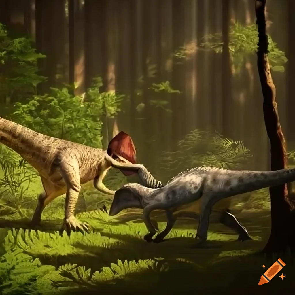 Detailed dilophosaurus with dead prey in a cedar forest clearing on Craiyon