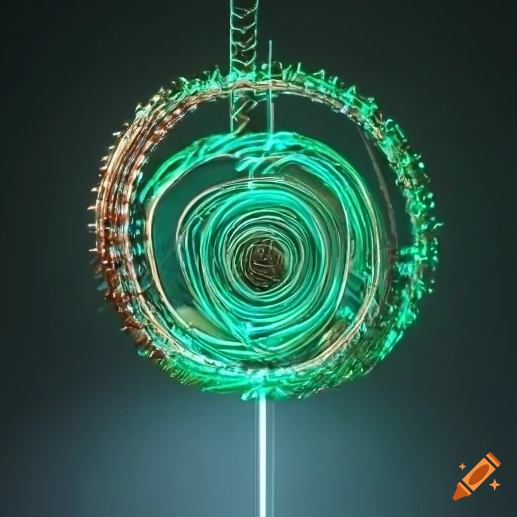 Hanging sculpture of green computer chips and copper wire with ...