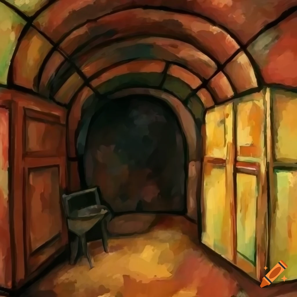 Comfortably furnished underground tunnel with sofa, table, and old ...