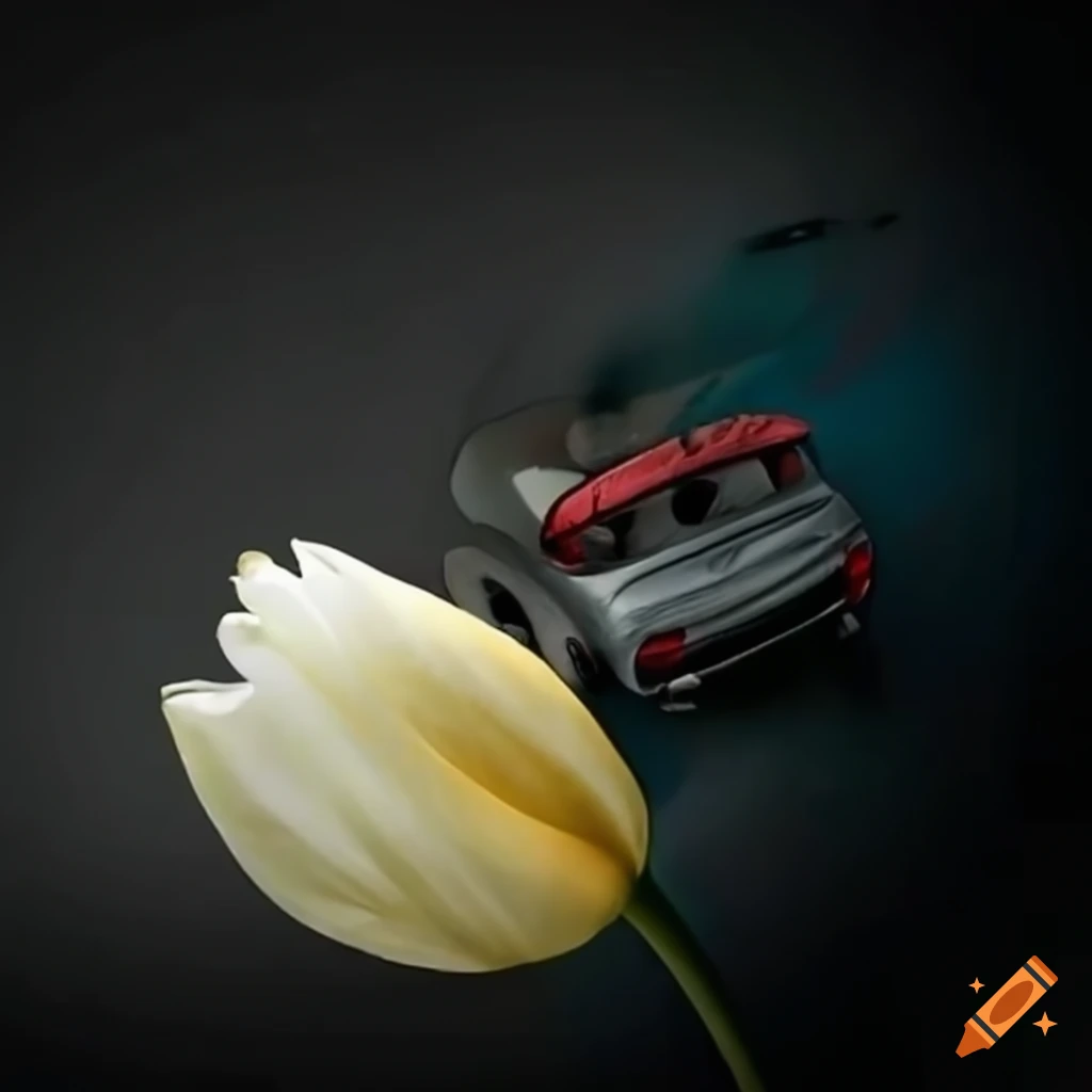 White tulip capturing the dramatic moment of a car crash in emotional ...