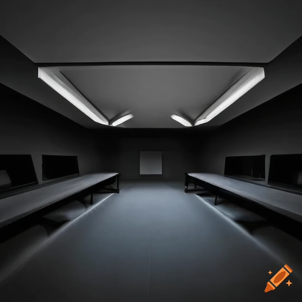 Spacious room with computers, tables, and modern lighting on Craiyon