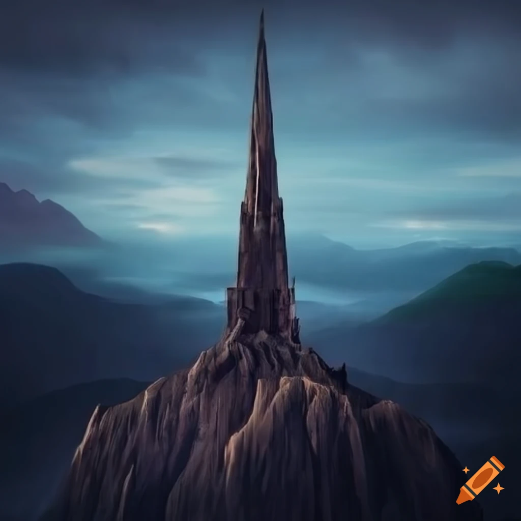 Tall, thin wizard tower overlooking a desolate landscape of hills on ...