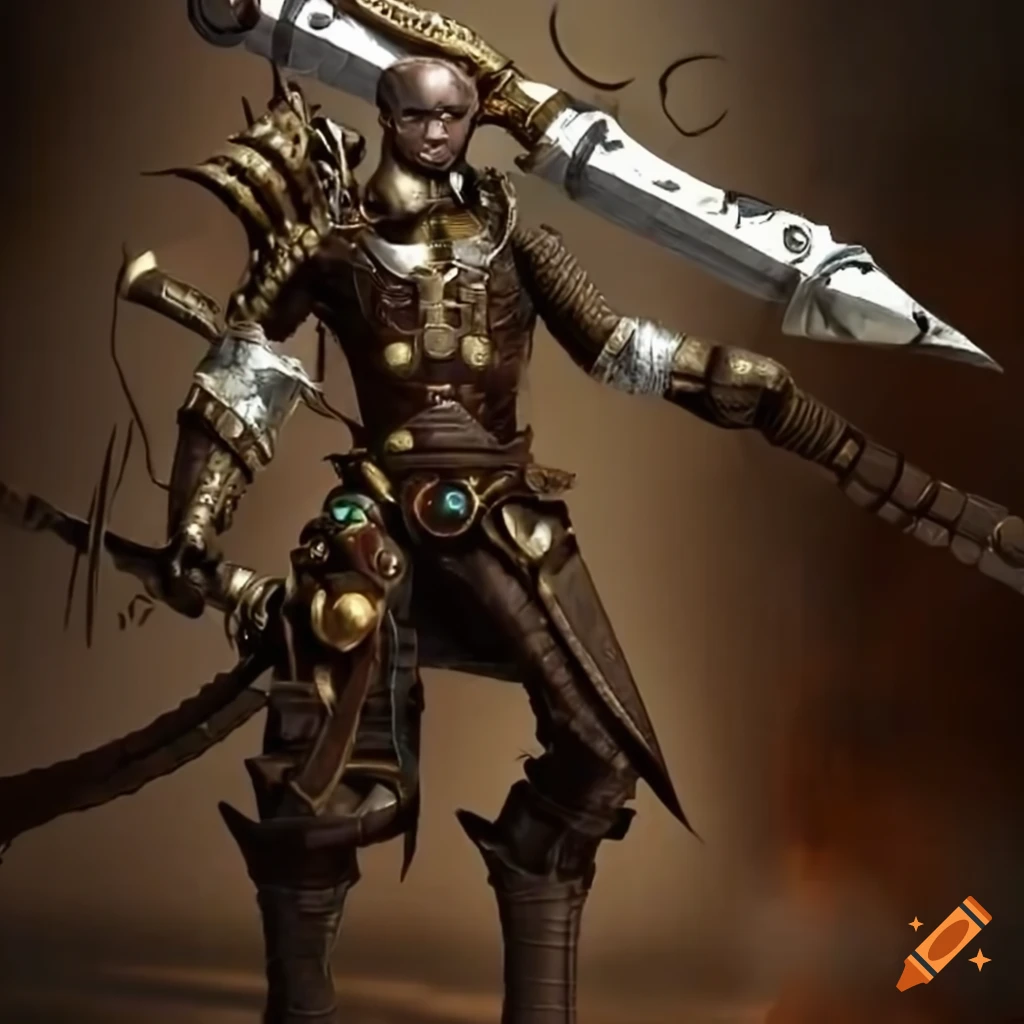 Steampunk armored human dragoon with a large lance in a futuristic ...