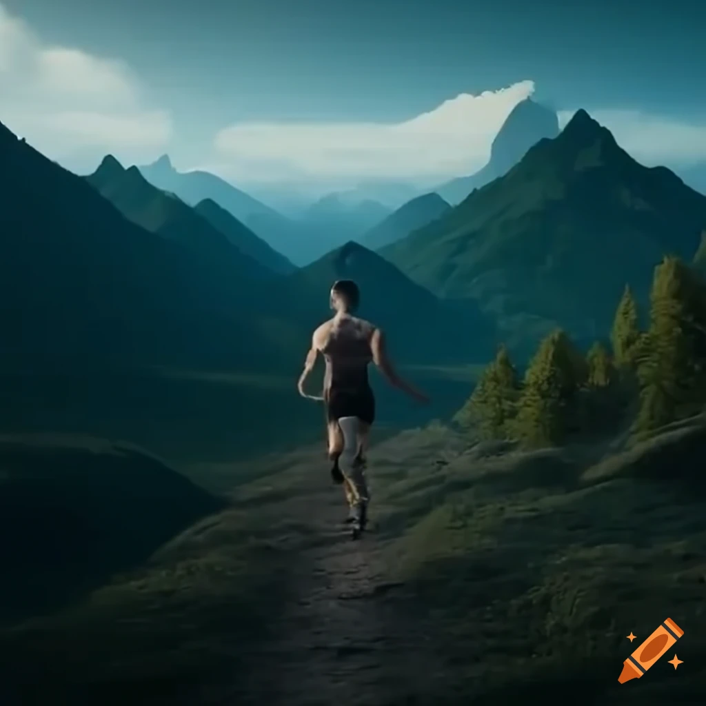 Stunning mountain and forest landscape with a lone runner on Craiyon