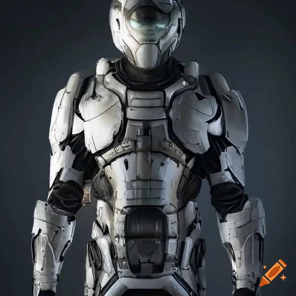 Tall male in white sci-fi armor with wide black visor on Craiyon