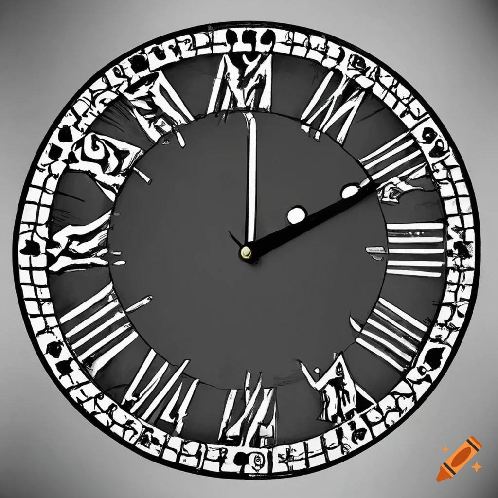 Black and white graphic novel depicting a clock in four panels on Craiyon