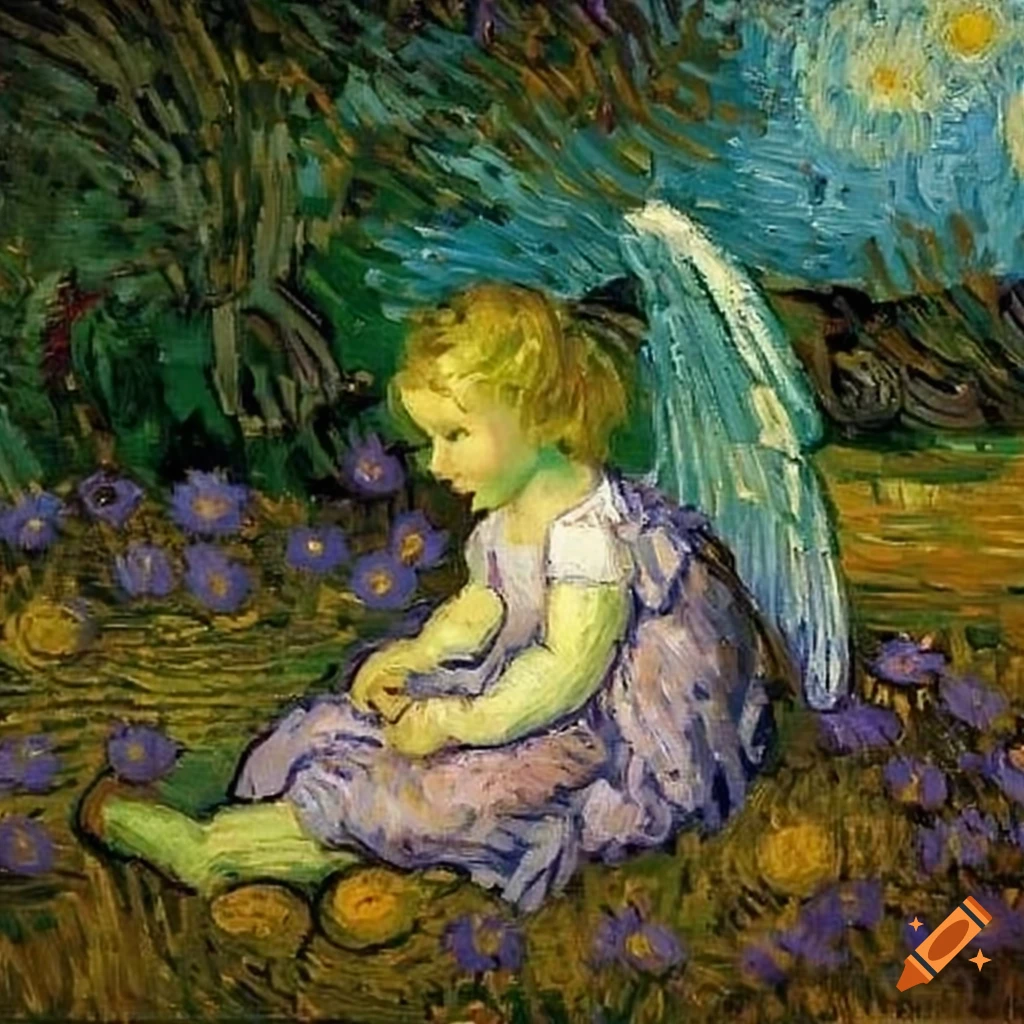 Infant angel among purple aster flowers by vincent van gogh on Craiyon