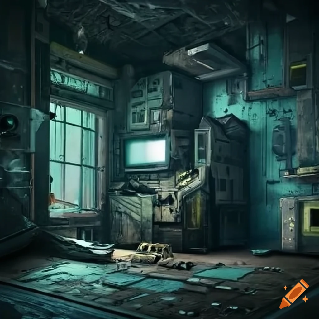 Semi-futuristic post apocalyptic shed interior with computer consoles ...