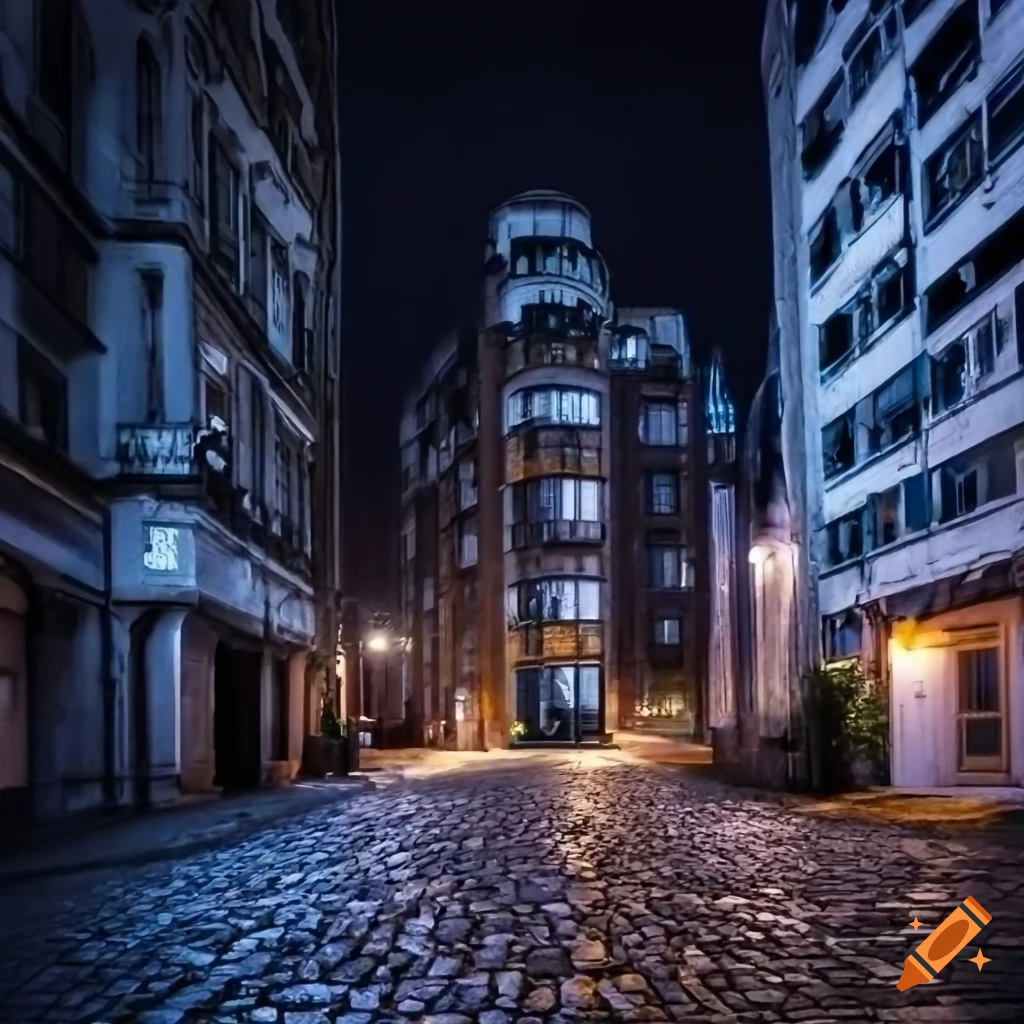 Night view of an alien city with cobblestone streets and balcony ...