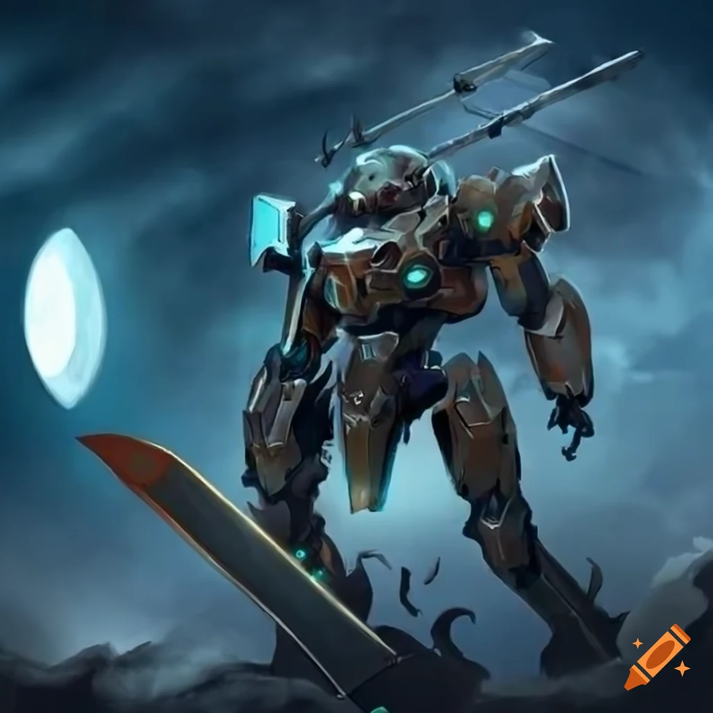 Mecha warrior wielding a sword under the moonlight on Craiyon