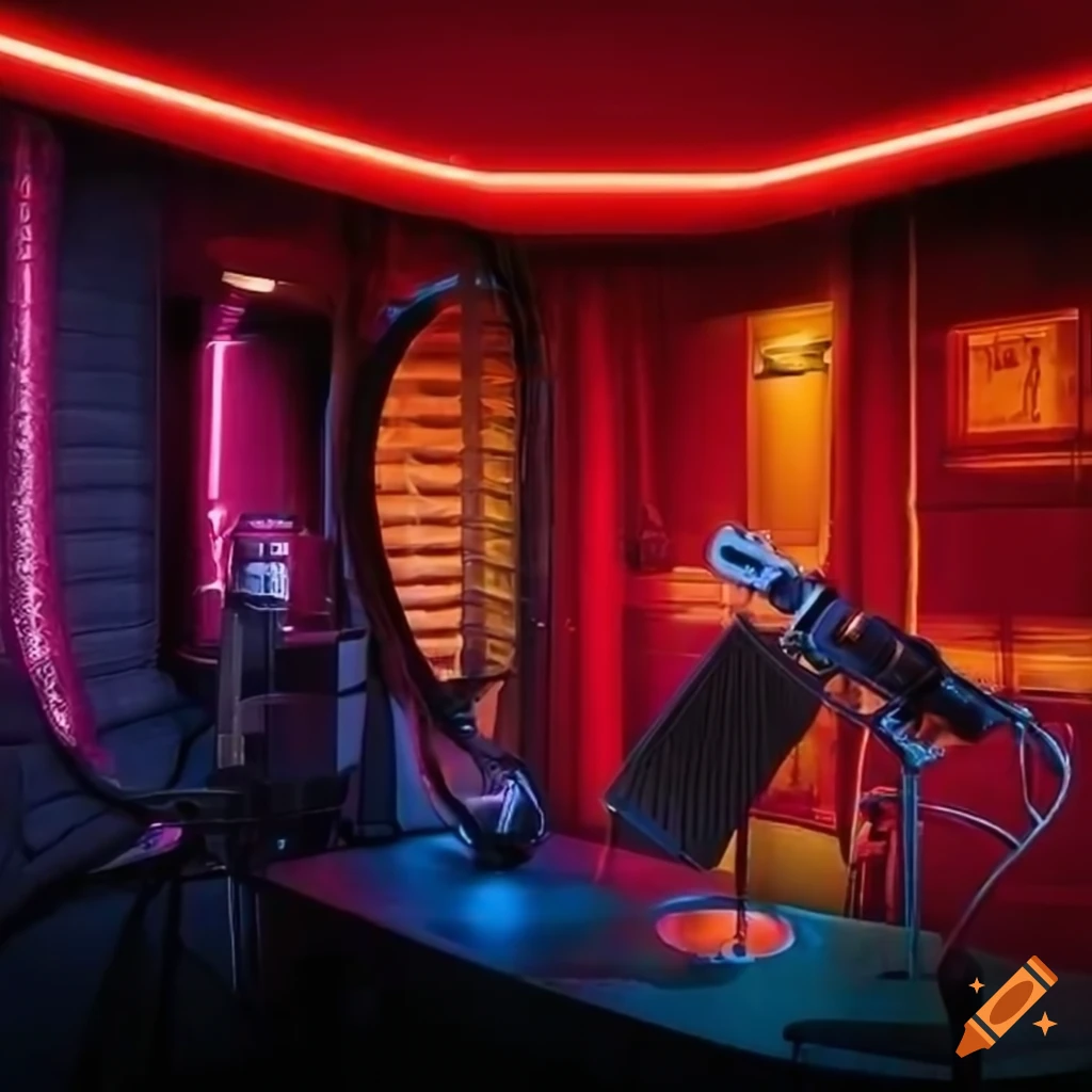 Neon-lit podcast room on Craiyon