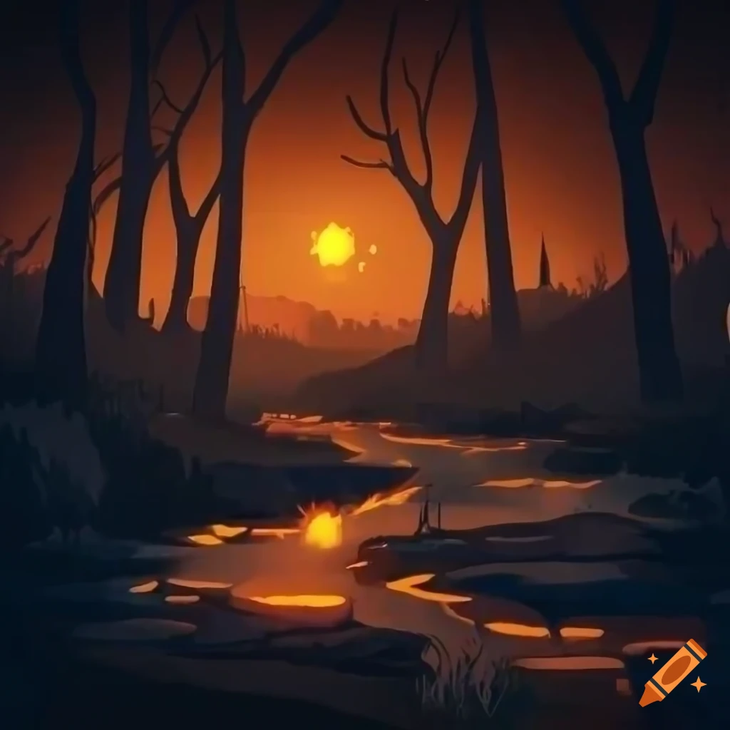 Midnight rain forest with natural lighting, orange fireflies, and ...