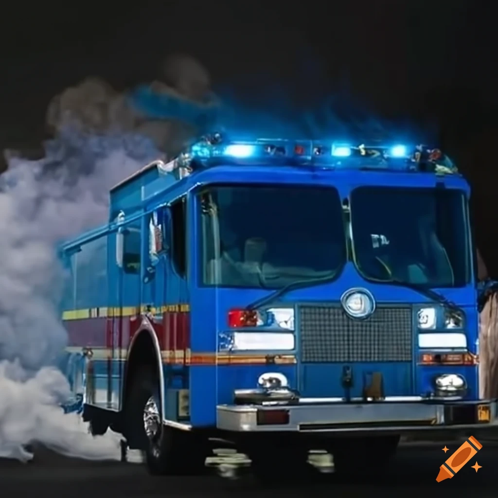 Blue fire engine emerging from smoke on Craiyon