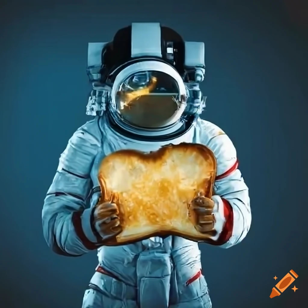 Engineer in a space suit holding buttered toast on Craiyon