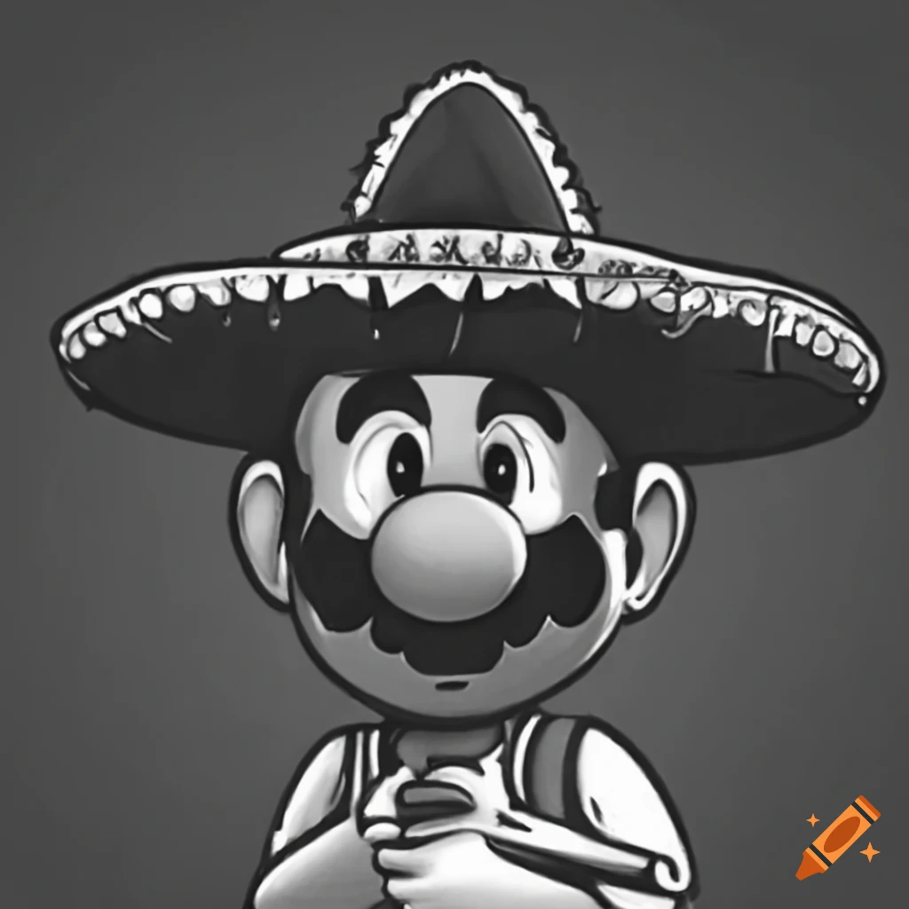 Mario wearing a mariachi sombrero in black and white on Craiyon