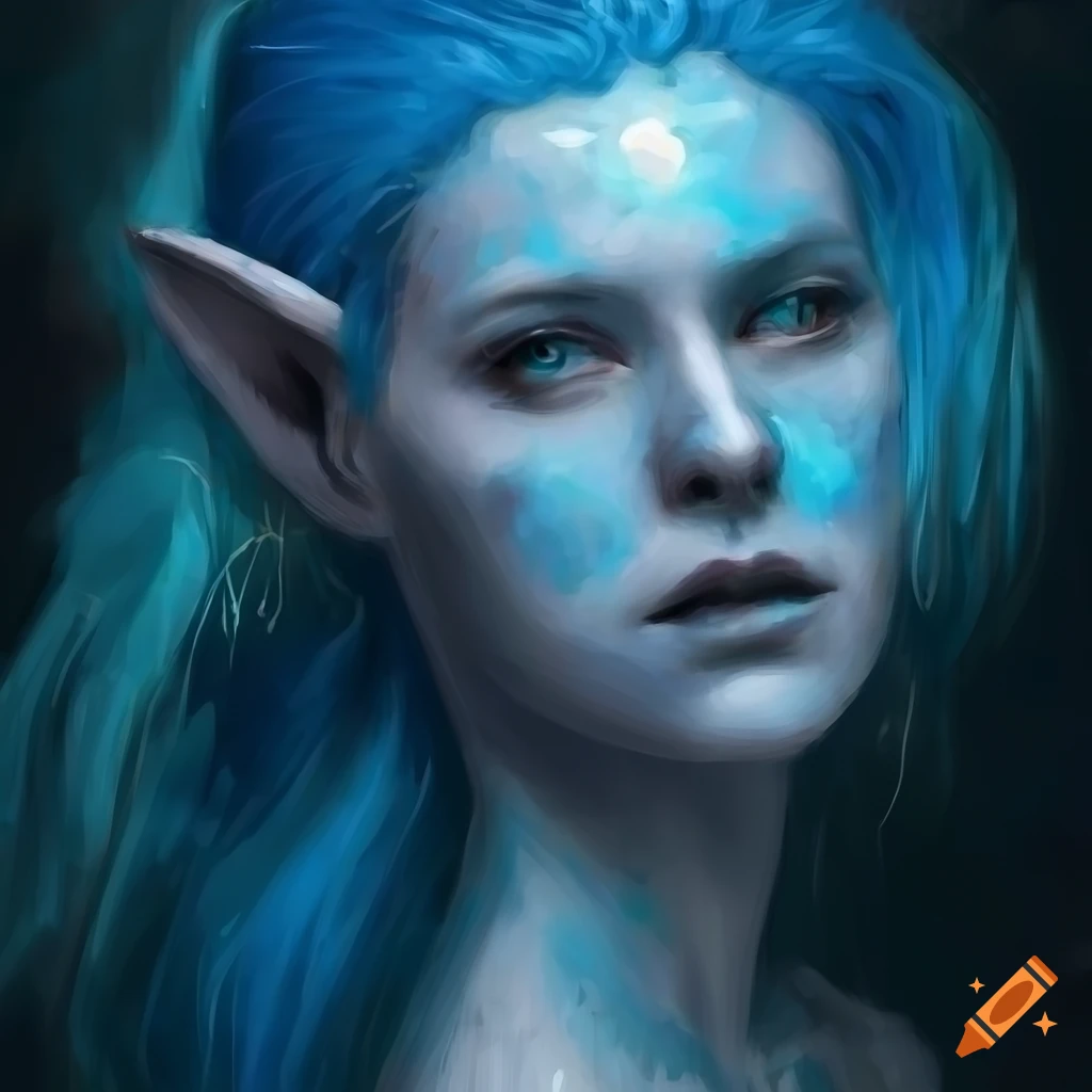 Winter elf with blue hair and skin wielding a wooden staff in a fantasy ...