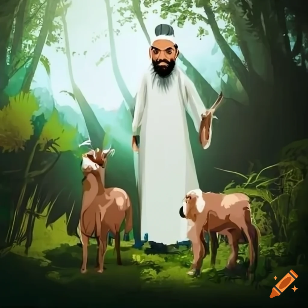 Muslim man with goat in forest on Craiyon
