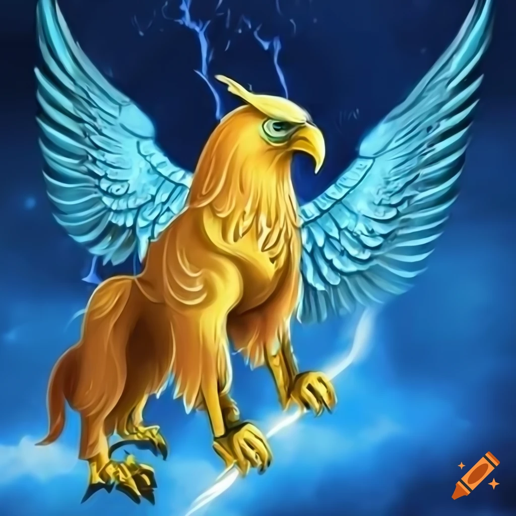 Warrior golden griffin with blue lightning in background on Craiyon