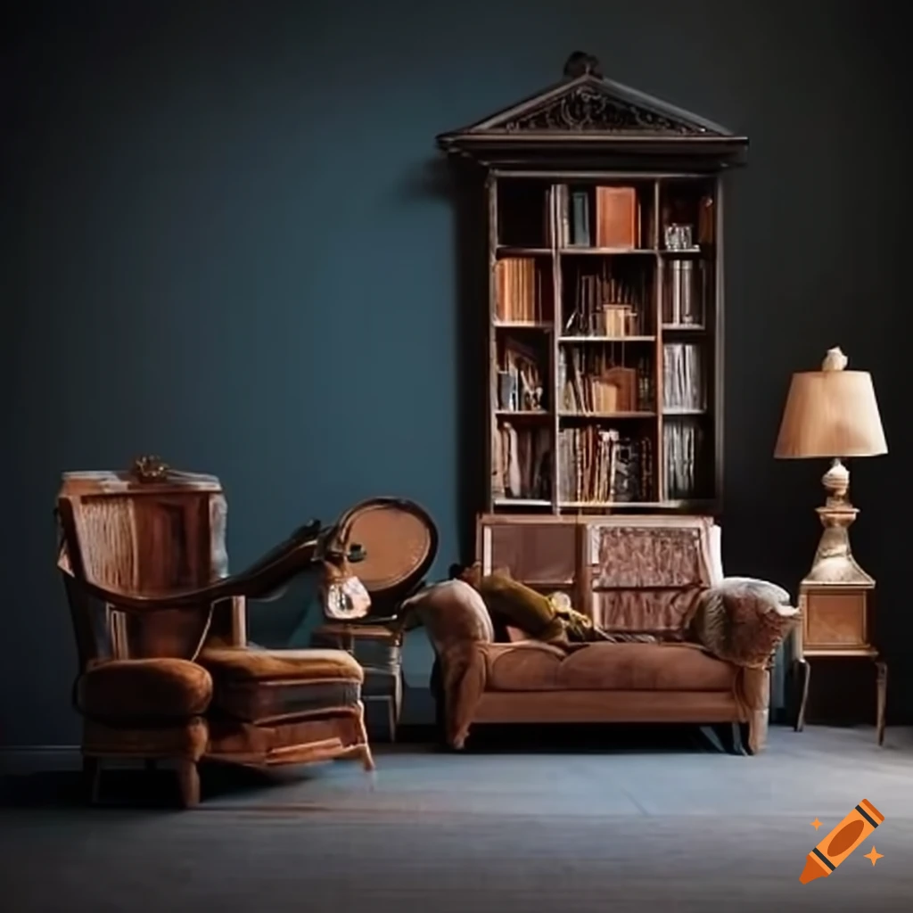 Beautifully staged living room with tall bookcases and dark walls on ...