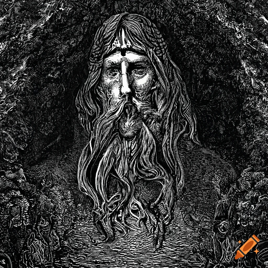 Intricate engraving of Norse pagan tree god in a forest in the style of ...