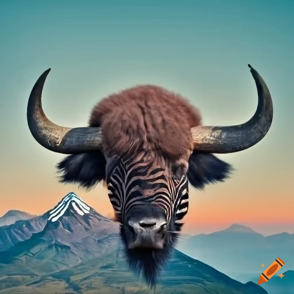 Zebra-striped buffalo in a mountainous landscape on Craiyon