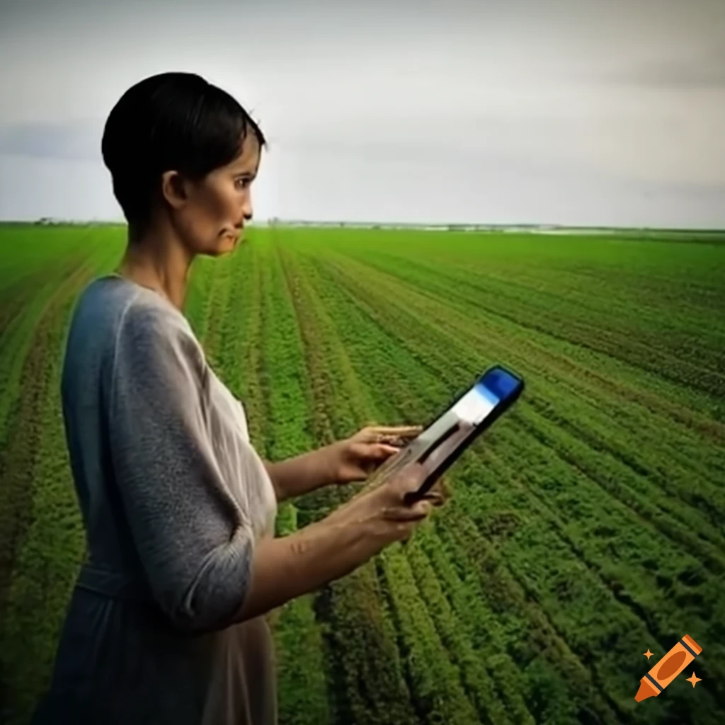 People using mobile apps in surveillance farming fields on Craiyon