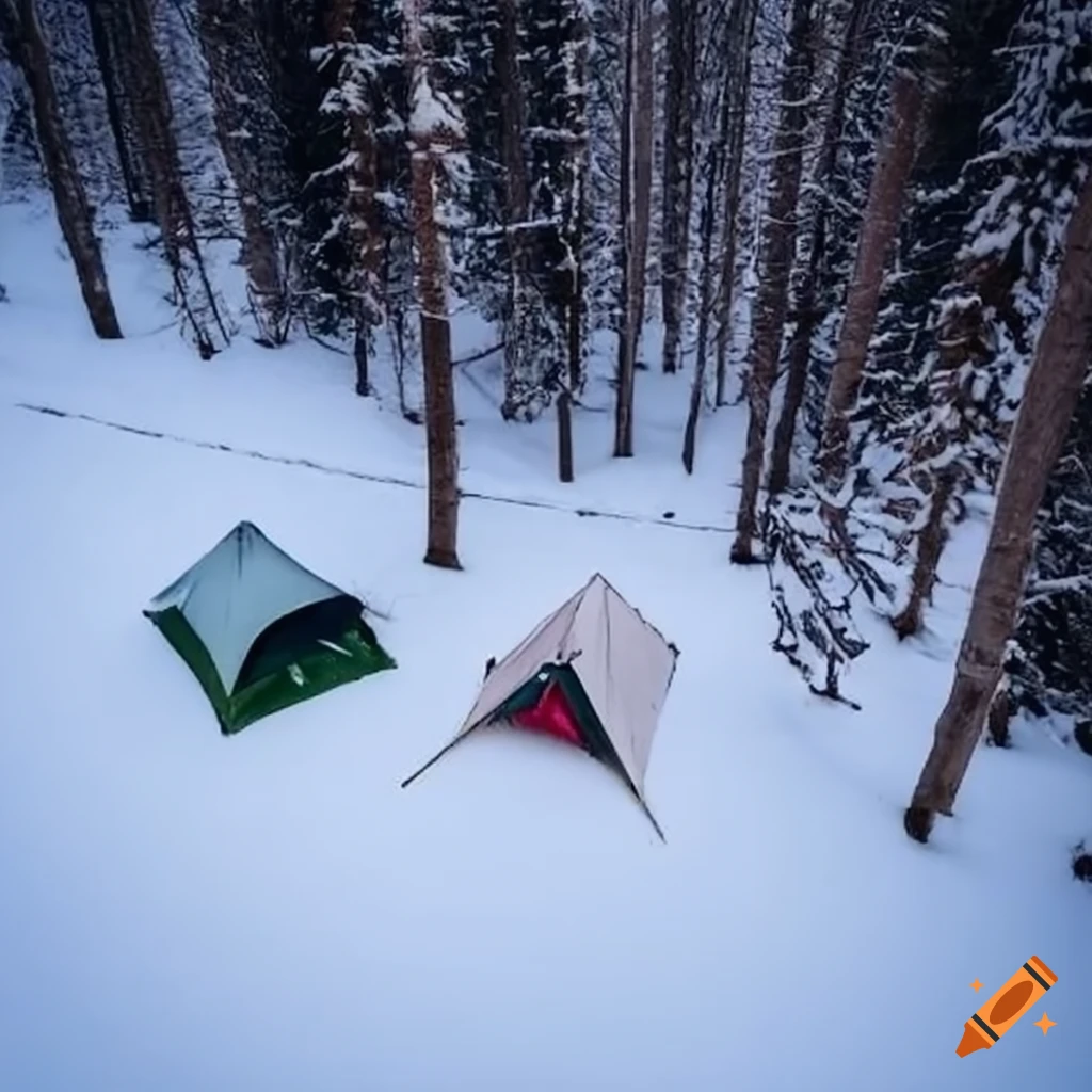Snowy campsite with a view from above on Craiyon