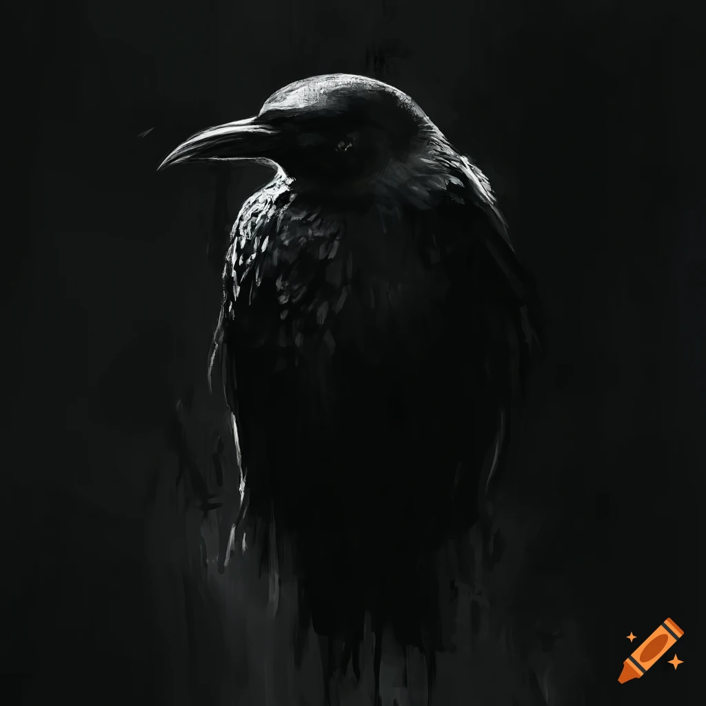 Raven standing on visible canvas texture with dark atmosphere in black ...