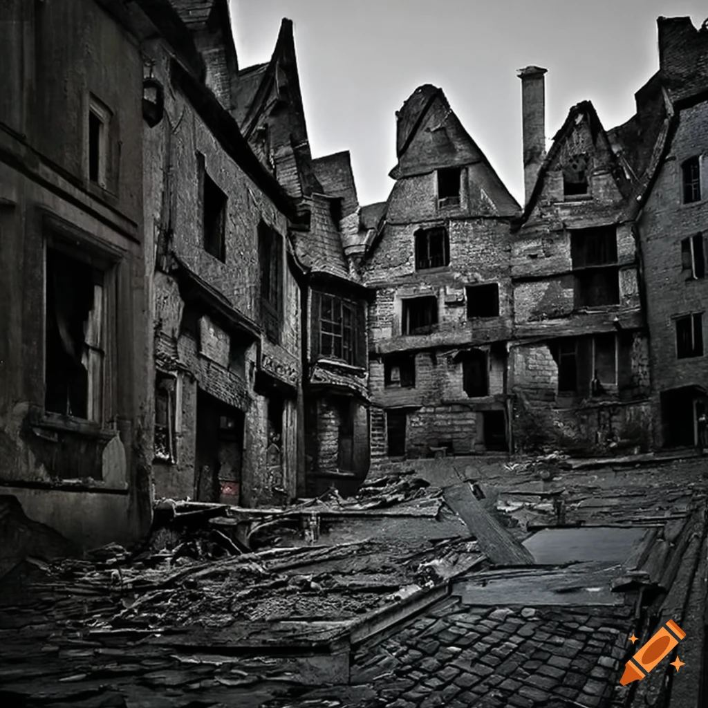 Devastated medieval town with a dark and creepy atmosphere on Craiyon