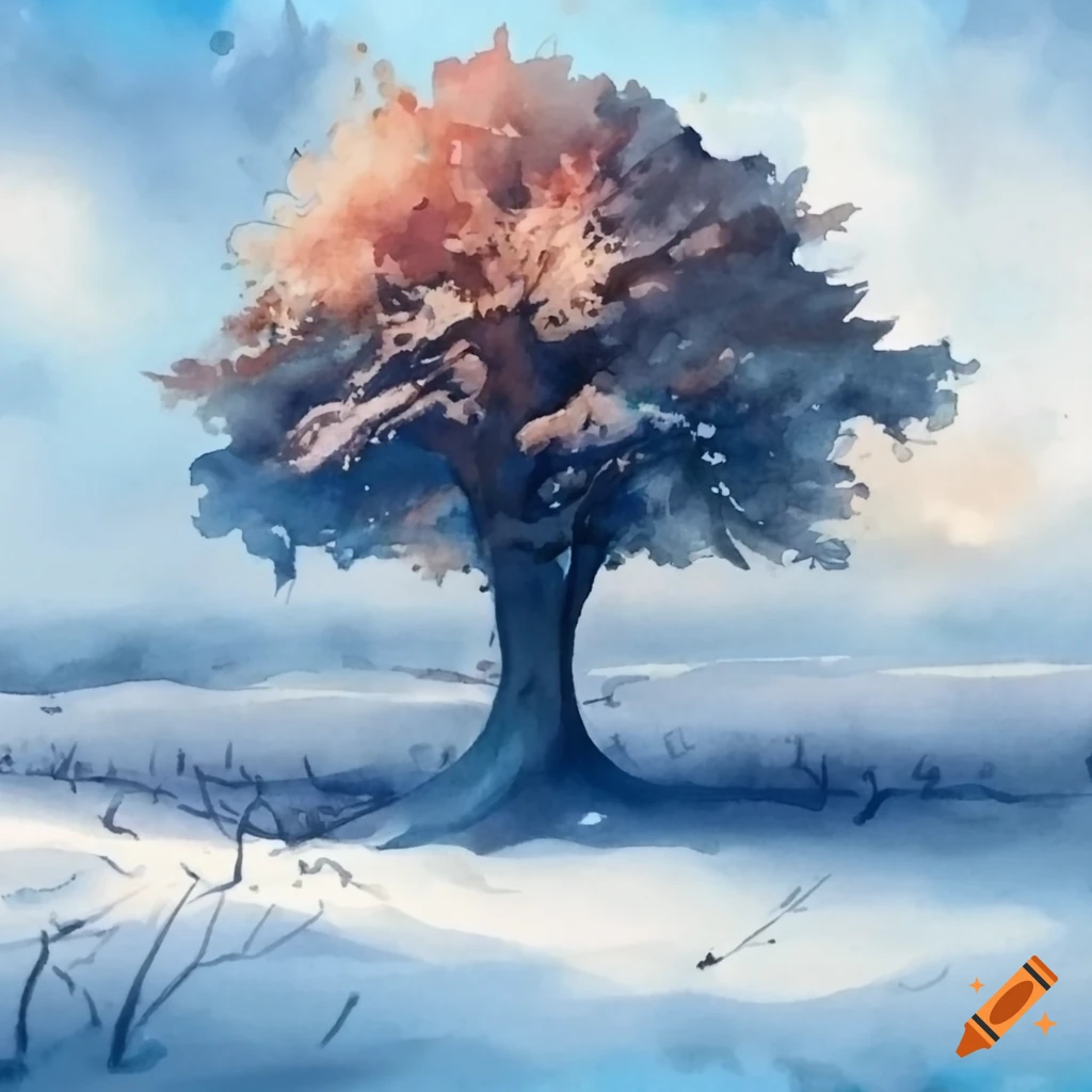 Winter oak tree in watercolor on Craiyon