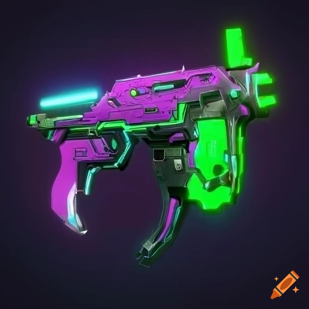 Highly detailed sci-fi gun concept in purple, green, and black on Craiyon