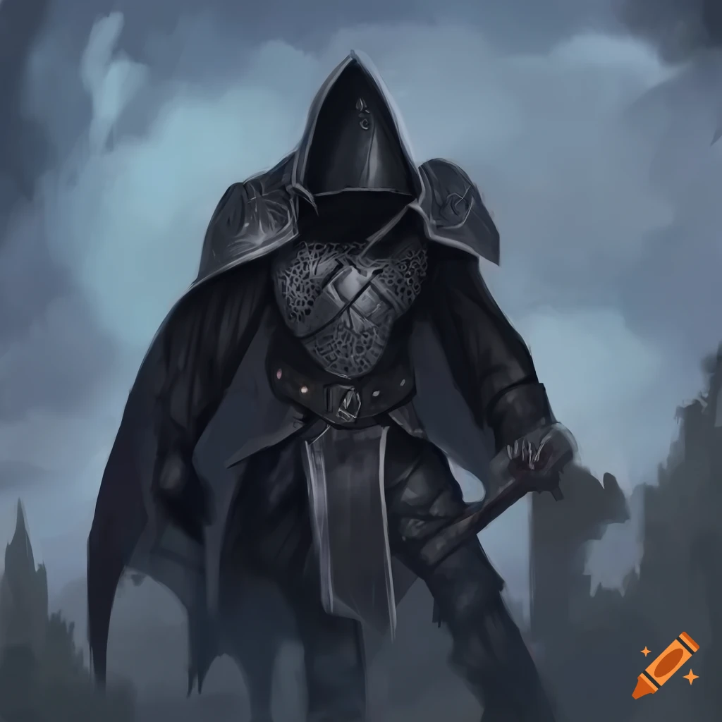 Black knight with shield mask and dark cloak in fantasy art on Craiyon
