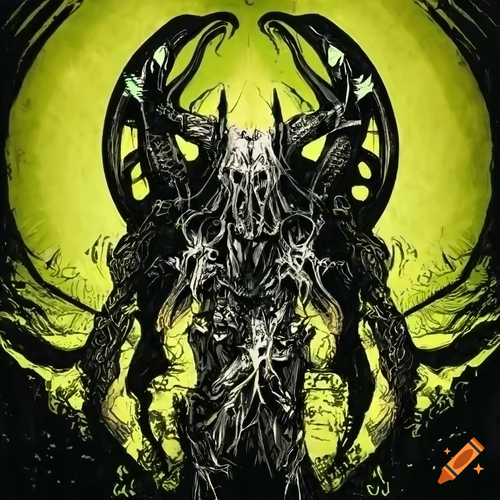 Neon yellow and black and white art with demonic and fantasy elements ...