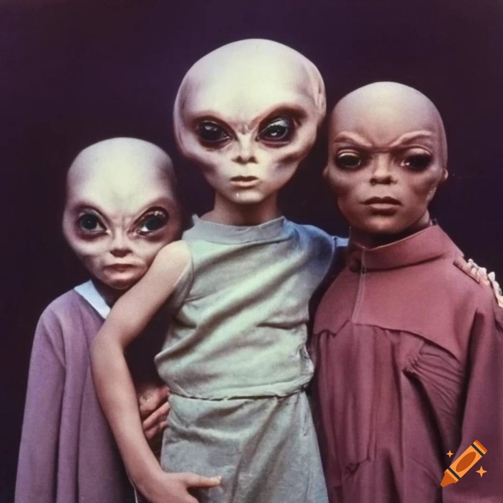 Vintage 1980s portrait of an alien family in clothes on Craiyon