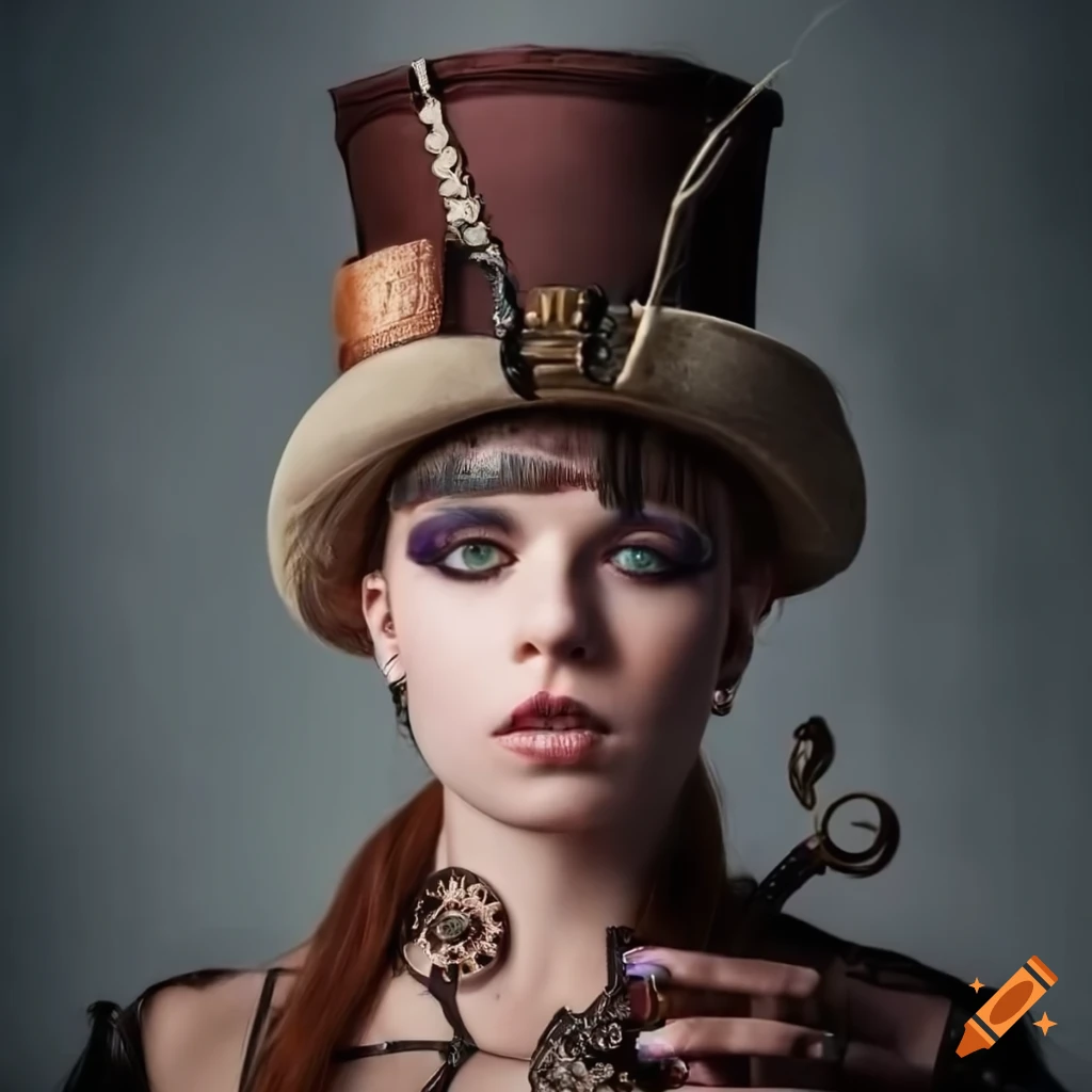 Confident young woman in striking steampunk outfit on Craiyon