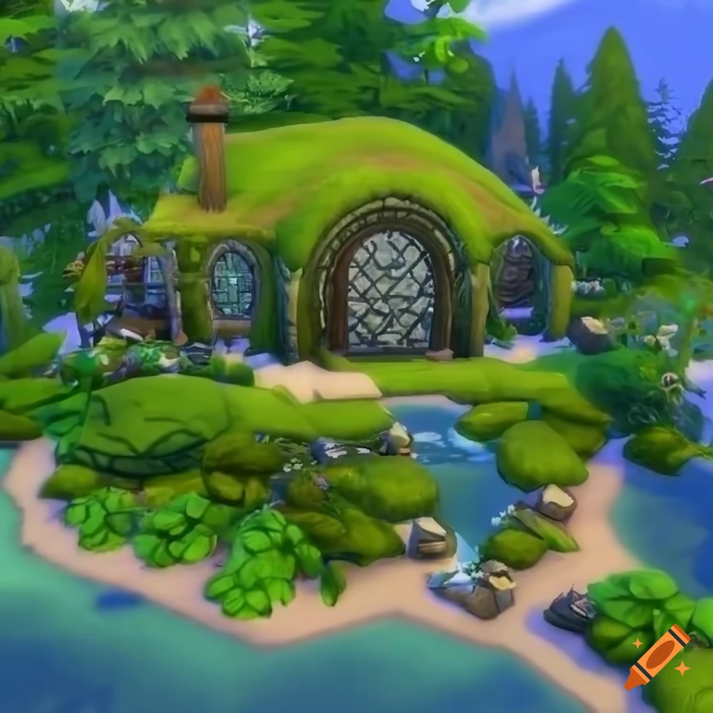 Mossy hobbit house with lake and waterfall in The Sims 4 with RTX on ...