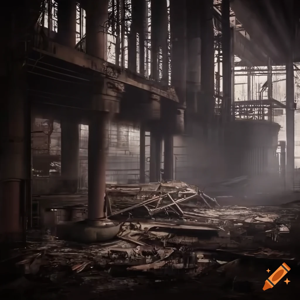 Sunlight streaming into an abandoned steel factory in a photorealistic ...
