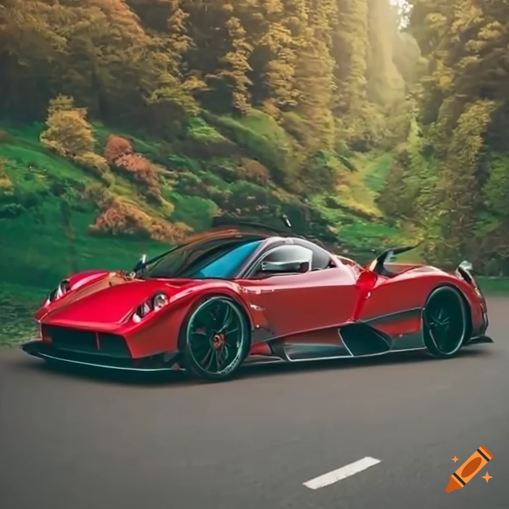 Sleek red pagani gtr on a winding mountain road on Craiyon