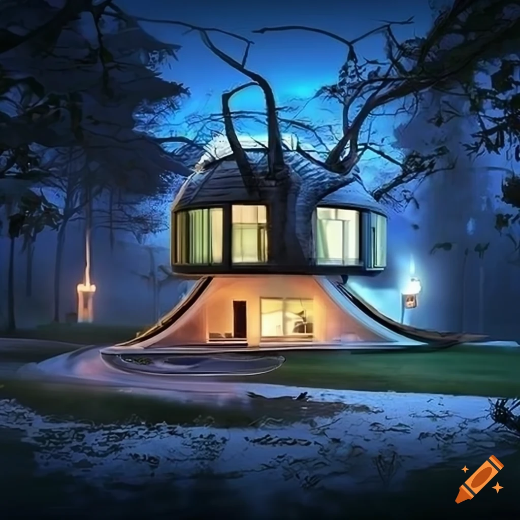 Photorealistic futuristic tree house at night in the style of vincent ...