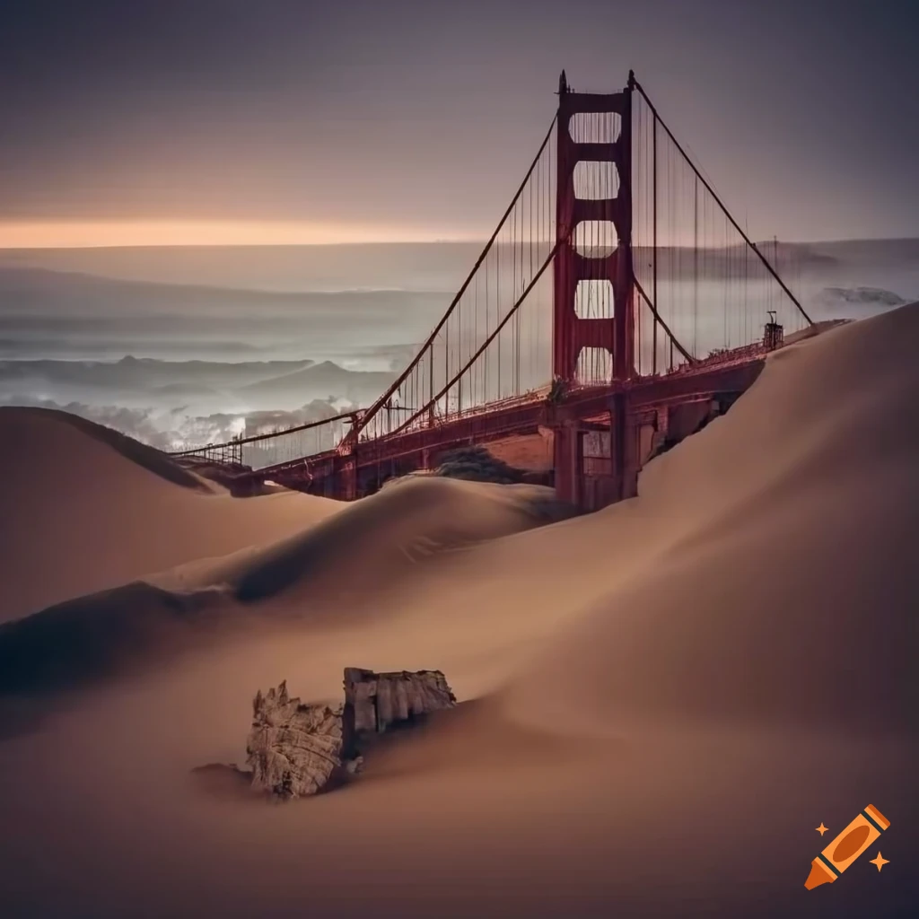 Post-apocalyptic golden gate bridge ruins surrounded by sand dunes ...