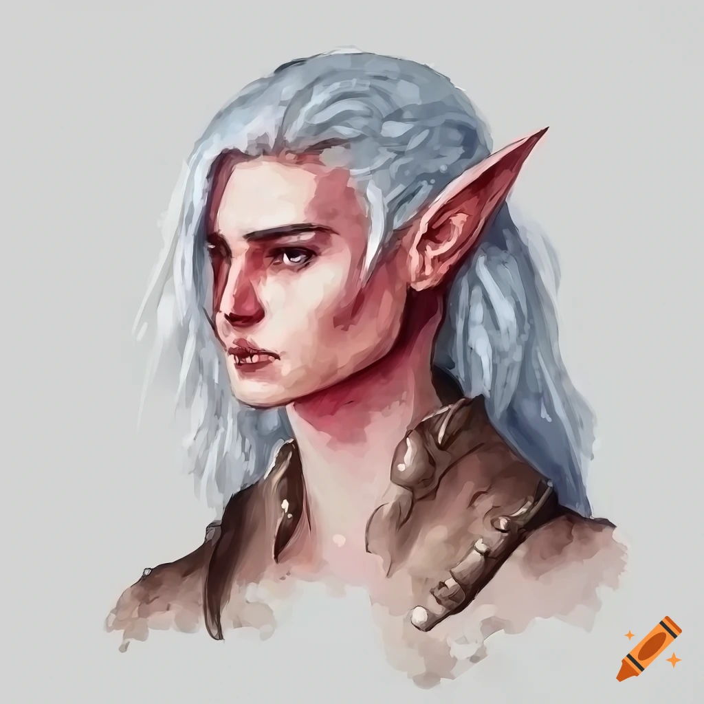 Painting of male half-elf with long silver hair and green eyes on Craiyon