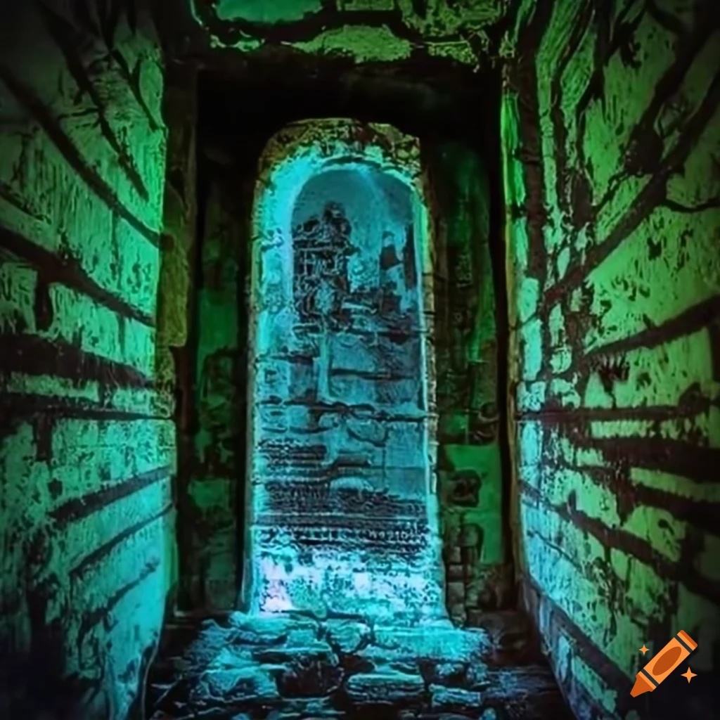 Dilapidated alien temple wall with mysterious glowing glyphs on Craiyon