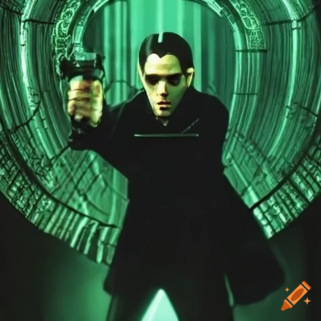 Neo from matrix aiming with a bow on Craiyon