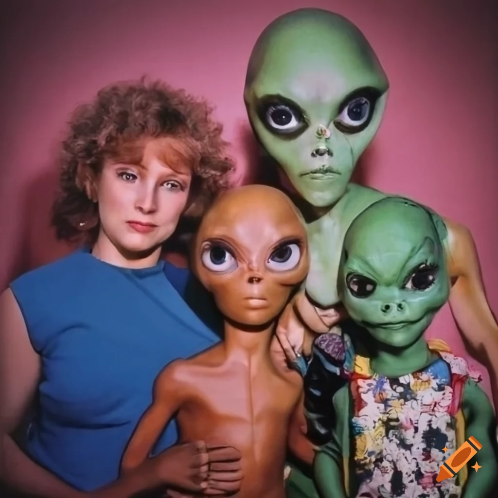 Vintage 1980s portrait of an alien family on Craiyon