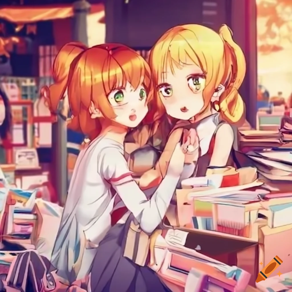Joyful Anime Girls Exploring Science Book Stalls In A Crowded Outdoor Market On Craiyon