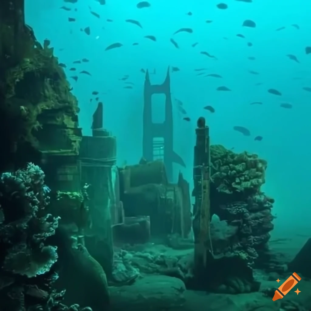 Post-apocalyptic golden gate bridge ruins submerged underwater with ...