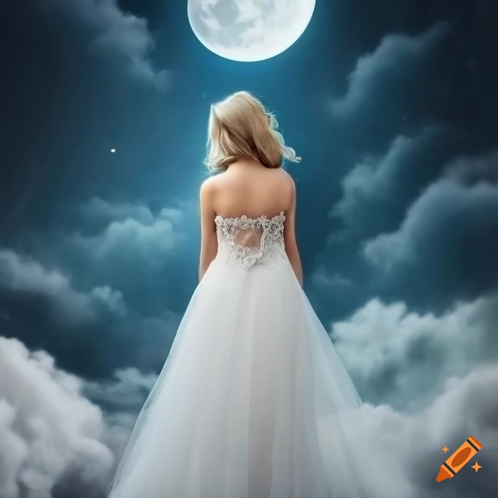 Blonde woman in white dress under moonlight with clouds and stars on ...