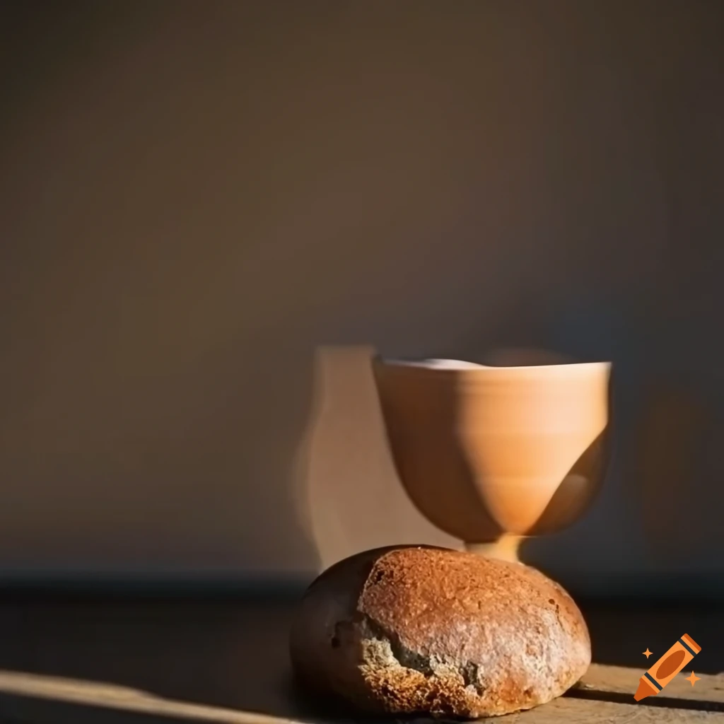 Cross-shaped shadow behind a loaf of bread with a pottery goblet on Craiyon